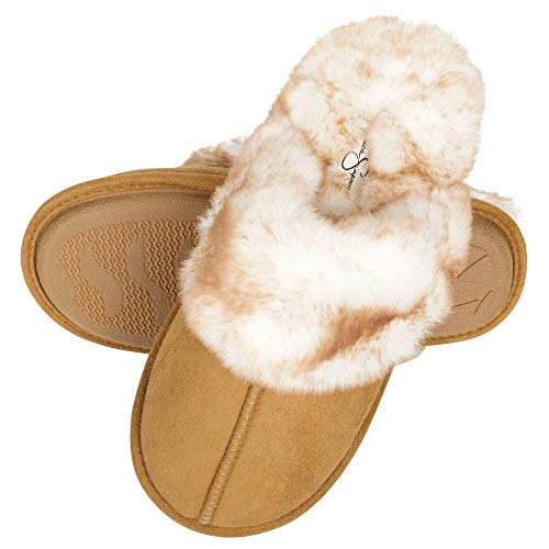 Jessica Simpson Women's Comfy Faux Fur House Slipper Scuff Memory Foam Slip on Anti-Skid Sole, Tan, Large