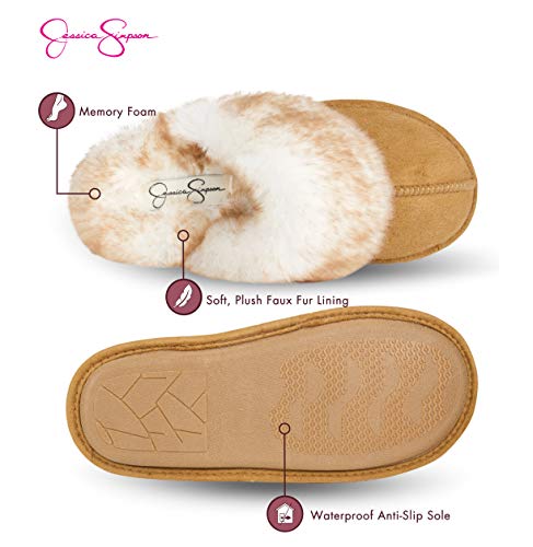 Jessica Simpson Women's Comfy Faux Fur House Slipper Scuff Memory Foam Slip on Anti-Skid Sole, Tan, Large