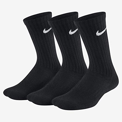 NIKE Kids Performance Cushioned Crew Training Socks (3 Pair) (Black/White, S)