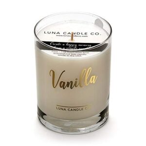 luna candle co. vanilla scented jar candle in 11oz. clear glass, single wick, soy wax, up to 110 hours of burn time, great gift for home, wedding, birthday, spa