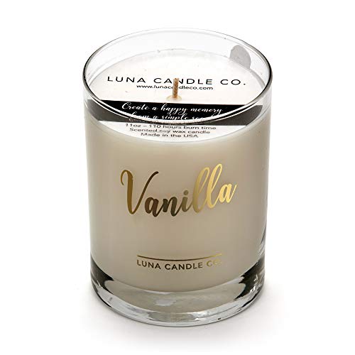 LUNA CANDLE CO. Vanilla Scented Jar Candle in 11oz. Clear Glass, Single Wick, Soy Wax, Up to 110 Hours of Burn Time, Great Gift for Home, Wedding, Birthday, Spa