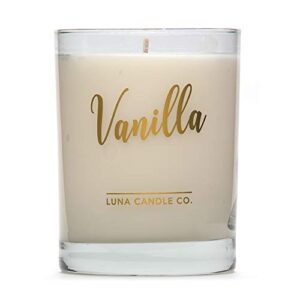 LUNA CANDLE CO. Vanilla Scented Jar Candle in 11oz. Clear Glass, Single Wick, Soy Wax, Up to 110 Hours of Burn Time, Great Gift for Home, Wedding, Birthday, Spa