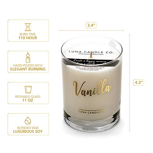 LUNA CANDLE CO. Vanilla Scented Jar Candle in 11oz. Clear Glass, Single Wick, Soy Wax, Up to 110 Hours of Burn Time, Great Gift for Home, Wedding, Birthday, Spa