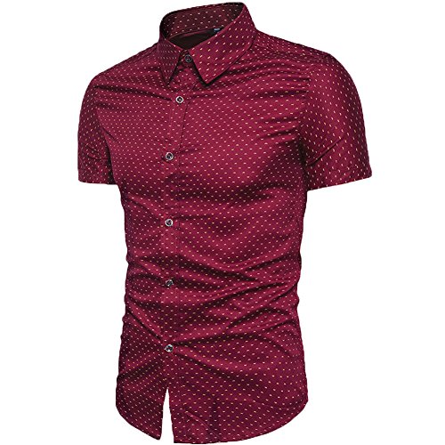 MUSE FATH Men's Printed Dress Shirt-Cotton Casual Short Sleeve Shirt-Interview Dress Shirt-Wine Red-XL