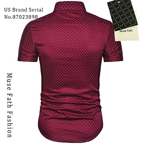 MUSE FATH Men's Printed Dress Shirt-Cotton Casual Short Sleeve Shirt-Interview Dress Shirt-Wine Red-XL