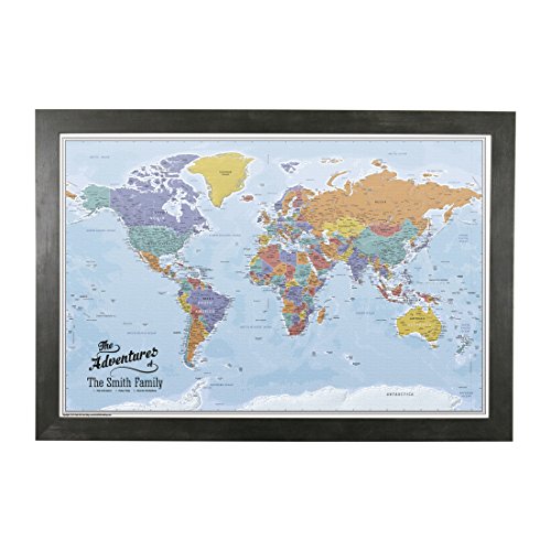 Push Pin Travel Maps Canvas - Personalized Blue Oceans World with Rustic Black Frame