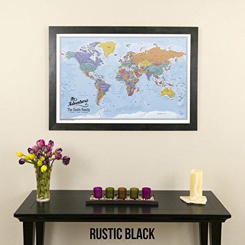 Push Pin Travel Maps Canvas - Personalized Blue Oceans World with Rustic Black Frame