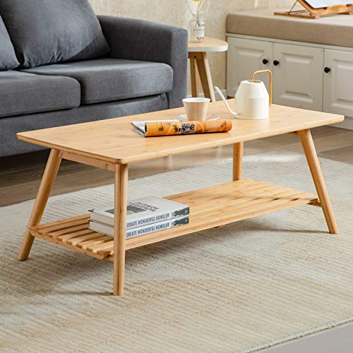 Nnewvante Coffee Table Foldable Bamboo Mid Century Desk TV Stand with Open Storage Shelf Center Table for Living Room Furniture RV No Assembly