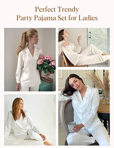 LilySilk Silk Pajamas for Women Button Up Pajamas Set for Ladies Girls Soft Maternity Pajamas Birthday Bridal Party Gift for Christmas Anniversary Valentine's day, Natural White M