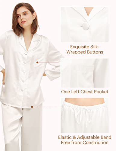 LilySilk Silk Pajamas for Women Button Up Pajamas Set for Ladies Girls Soft Maternity Pajamas Birthday Bridal Party Gift for Christmas Anniversary Valentine's day, Natural White M