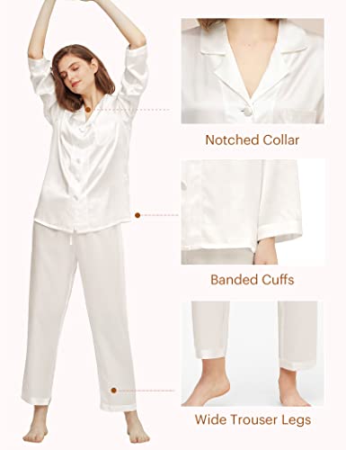 LilySilk Silk Pajamas for Women Button Up Pajamas Set for Ladies Girls Soft Maternity Pajamas Birthday Bridal Party Gift for Christmas Anniversary Valentine's day, Natural White M