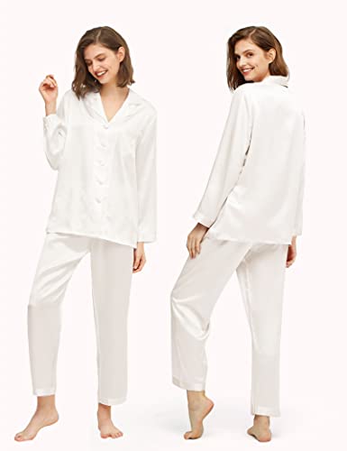 LilySilk Silk Pajamas for Women Button Up Pajamas Set for Ladies Girls Soft Maternity Pajamas Birthday Bridal Party Gift for Christmas Anniversary Valentine's day, Natural White M