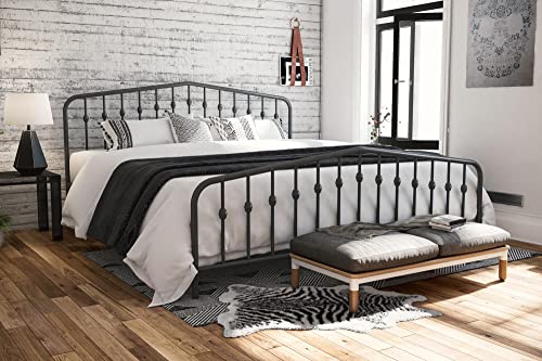 Novogratz Bushwick Metal Bed with Headboard and Footboard | Modern Design | King Size - Grey