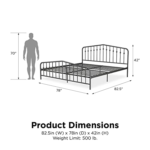 Novogratz Bushwick Metal Bed with Headboard and Footboard | Modern Design | King Size - Grey