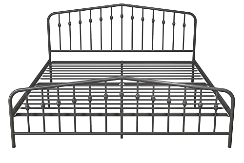 Novogratz Bushwick Metal Bed with Headboard and Footboard | Modern Design | King Size - Grey