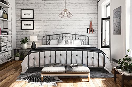 Novogratz Bushwick Metal Bed with Headboard and Footboard | Modern Design | King Size - Grey