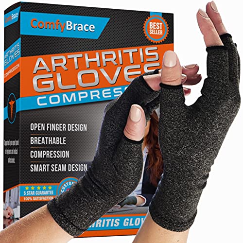 ComfyBrace Arthritis Hand Compression Gloves F.D.A. Comfy Fit, Fingerless Design, Breathable Moisture Wicking Fabric – Ease Muscle Tension, Relieve Carpal Tunnel Aches (Small)