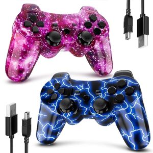 bowei ps3 controller wireless 2 pack double shock gamepad for playstation 3 remotes, six-axis wireless ps3 controller with charging cable, blue+ purple