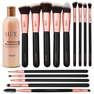 luxe premium makeup brushes set for face and eye - synthetic brushes for foundation, powder, blush, eyeshadow - brush cleaning solution included - perfect make up brushes kit, beauty brush set (14pc)