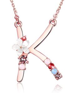 flower initial necklace amethyst pink ruby red opal blue simulated pearl pendant name jewelry made with swarovski crystals rose gold plated anniversary birthday gifts for women girl,18"+2" (letter k)