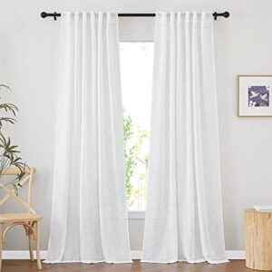 nicetown white sheer linen curtains for living room, rod pocket & back tab sweep to floor window treatments semi sheer drapes privacy for patio door/hall, 2 panels, w52 x l95