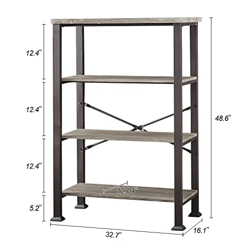 HOMBAZAAR Bookshelf, 4-Tier Vintage Industrial Book Shelf, Rustic Wood and Metal Bookcase and Bookshelves, Free Standing Storage Large Bookshelf for Living Room, Bedroom and Kitchen, Grey Oak