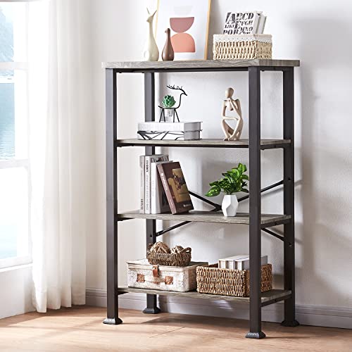 HOMBAZAAR Bookshelf, 4-Tier Vintage Industrial Book Shelf, Rustic Wood and Metal Bookcase and Bookshelves, Free Standing Storage Large Bookshelf for Living Room, Bedroom and Kitchen, Grey Oak