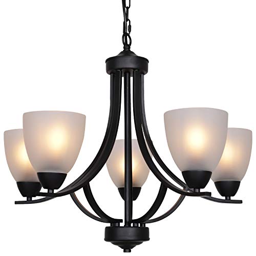 VINLUZ 5 Light Shaded Contemporary Chandeliers with Alabaster Glass Black Rustic Light Fixtures Ceiling Hanging Mid Century Modern Pendant Lighting for Dining Room Foyer Bedroom Living Room