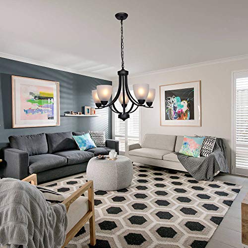 VINLUZ 5 Light Shaded Contemporary Chandeliers with Alabaster Glass Black Rustic Light Fixtures Ceiling Hanging Mid Century Modern Pendant Lighting for Dining Room Foyer Bedroom Living Room