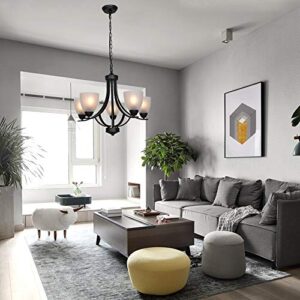 VINLUZ 5 Light Shaded Contemporary Chandeliers with Alabaster Glass Black Rustic Light Fixtures Ceiling Hanging Mid Century Modern Pendant Lighting for Dining Room Foyer Bedroom Living Room