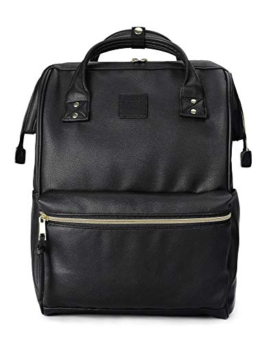 Kah&Kee Leather Backpack Diaper Bag with Laptop Compartment Travel School for Women Man (Black, Large)