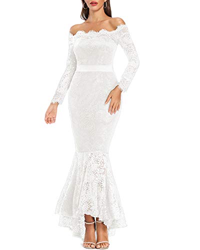 LALAGEN Women's Floral Lace Long Sleeve Off Shoulder Wedding Mermaid Dress White XL