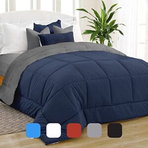 equinox international, two way cotton all-season navy blue/charcoal grey quilted comforter - goose down alternative - reversible duvet insert set - microfiber fill (350 gsm) (queen 88 x 88 inches)