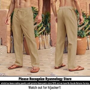 Enjoybuy Men Linen Drawstring Pants Beach Golf Elastic Waist Spring Long Casual Loose Summer Yoga Cotton Jogger Trousers 1