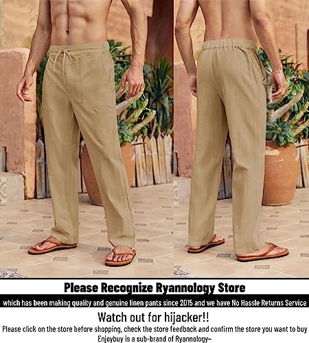 Enjoybuy Men Linen Drawstring Pants Beach Golf Elastic Waist Spring Long Casual Loose Summer Yoga Cotton Jogger Trousers 1