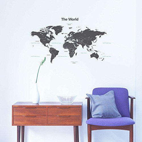 DECOWALL DWL-1609GS Modern Grey World Map Kids Wall Stickers Wall Decals Peel and Stick Removable Wall Stickers for Kids Nursery Bedroom Living Room (Medium)