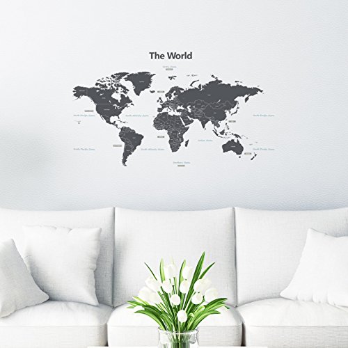 DECOWALL DWL-1609GS Modern Grey World Map Kids Wall Stickers Wall Decals Peel and Stick Removable Wall Stickers for Kids Nursery Bedroom Living Room (Medium)