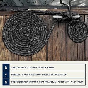 Rainier Supply Co. 2-Pack Boat Dock Lines - 15 ft x 3/8 inch Boat Rope - Premium Double Braided Nylon Dock Rope - Mooring Lines with 12" Eyelet - Black