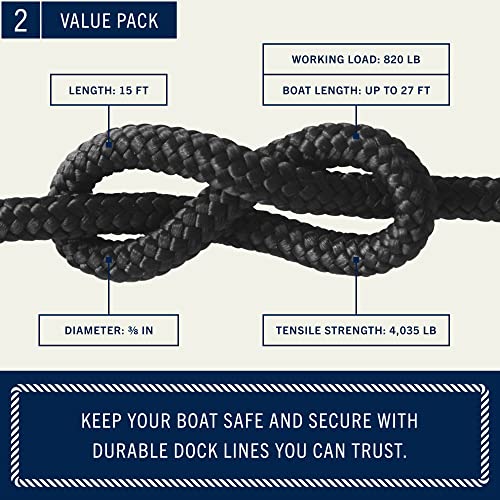 Rainier Supply Co. 2-Pack Boat Dock Lines - 15 ft x 3/8 inch Boat Rope - Premium Double Braided Nylon Dock Rope - Mooring Lines with 12" Eyelet - Black