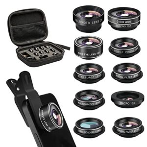 Cell Phone Camera Lens Kit,11 in 1 Super Wide Angle+ Macro+ Fisheye Lens +Telephoto+ CPL+3/6 Kaleidoscope+Starburst/Radial/Soft/Flow Filter Lens Compatible for iPhone X/8/7/6s/6 Plus, Samsung,Android