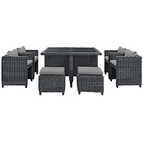 Modway Summon Wicker Rattan Outdoor Patio Sunbrella 9-pc Dining Set in Canvas Gray