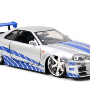 Jada Toys Fast & Furious Brian’s 2002 Nissan Skyline R34 Die-cast Car, 1:24 Scale, Silver & Blue,19808