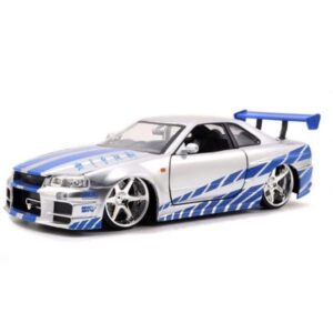 Jada Toys Fast & Furious Brian’s 2002 Nissan Skyline R34 Die-cast Car, 1:24 Scale, Silver & Blue,19808