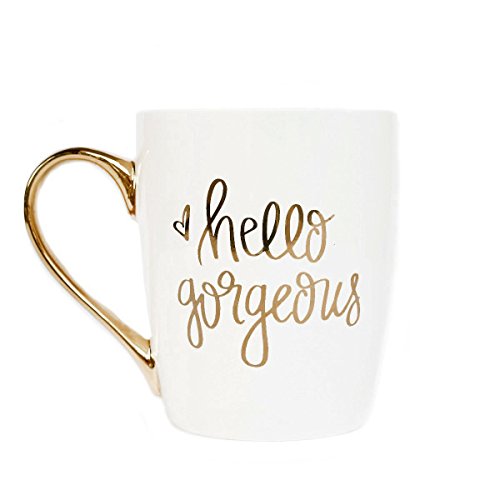 Sweet Water Decor Cute Coffee Mugs with Golden Handle | Girly Make Up & Mascara 16oz China Coffee Cup with Quote | Embellished with Real Gold & Microwave Safe (Hello Gorgeous)