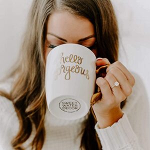 Sweet Water Decor Cute Coffee Mugs with Golden Handle | Girly Make Up & Mascara 16oz China Coffee Cup with Quote | Embellished with Real Gold & Microwave Safe (Hello Gorgeous)