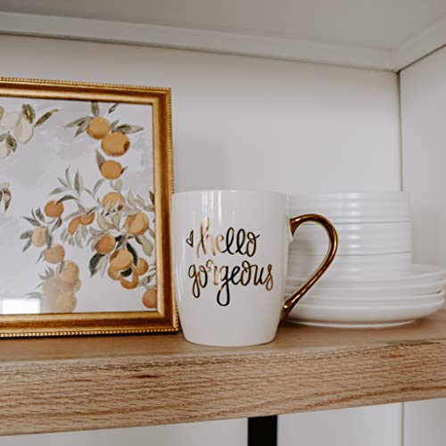 Sweet Water Decor Cute Coffee Mugs with Golden Handle | Girly Make Up & Mascara 16oz China Coffee Cup with Quote | Embellished with Real Gold & Microwave Safe (Hello Gorgeous)