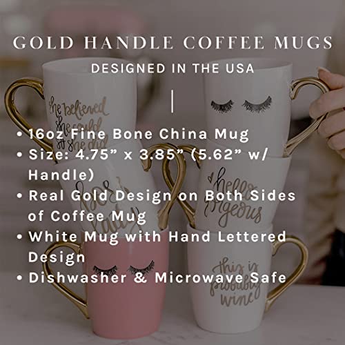 Sweet Water Decor Cute Coffee Mugs with Golden Handle | Girly Make Up & Mascara 16oz China Coffee Cup with Quote | Embellished with Real Gold & Microwave Safe (Hello Gorgeous)