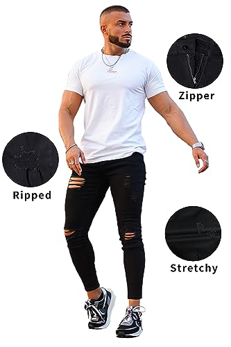 GINGTTO Skinny Fit Stretch Jeans for Men Destroyed Ripped Denim Jeans Black 30