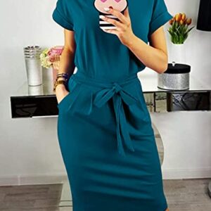 PRETTYGARDEN Women's Summer Short Sleeve Crewneck Striped Dress Basic Solid Tie Waist Office T Shirt Dresses Pockets Dark Green