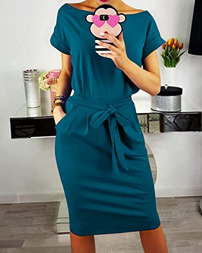 PRETTYGARDEN Women's Summer Short Sleeve Crewneck Striped Dress Basic Solid Tie Waist Office T Shirt Dresses Pockets Dark Green